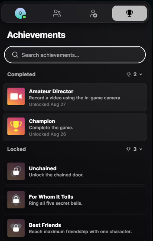 The Social Overlay when the player selects the Achievements tab. This ...