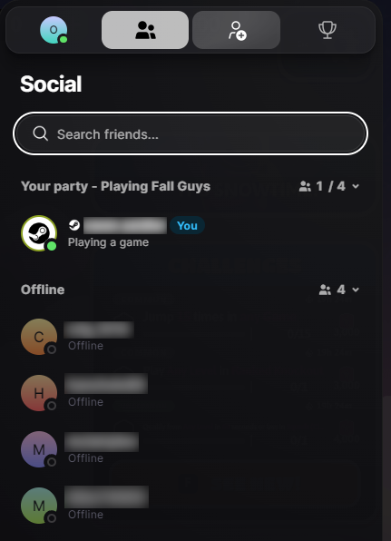 In the Social Overlay, the Social tab displays a Steam icon next to a ...